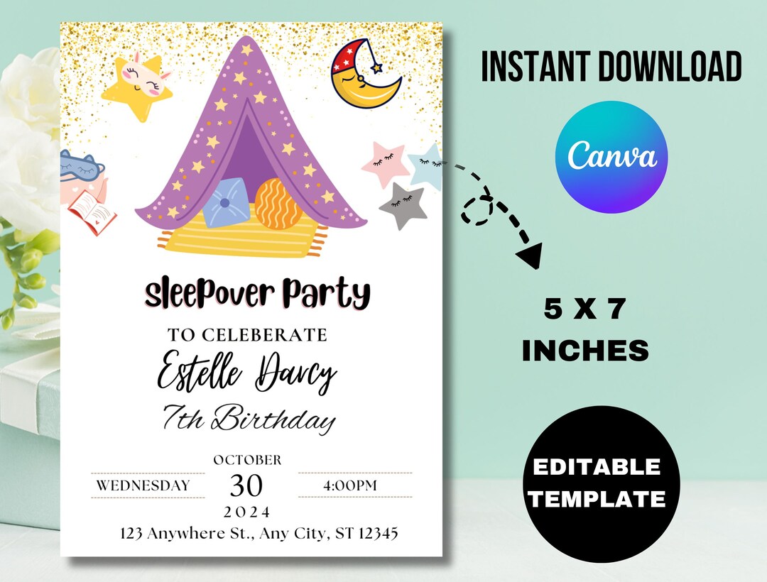 Sleepover Birthday Minimalist Invitation Set Slumber Party Invite Girl ...