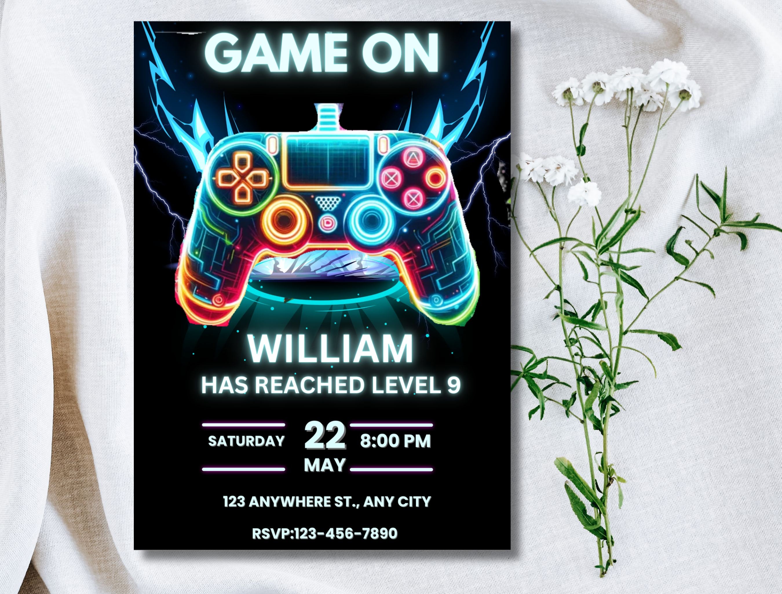 Neon Video Game Birthday Invitation, Gamer Party, Editable Canva (5x7 ...