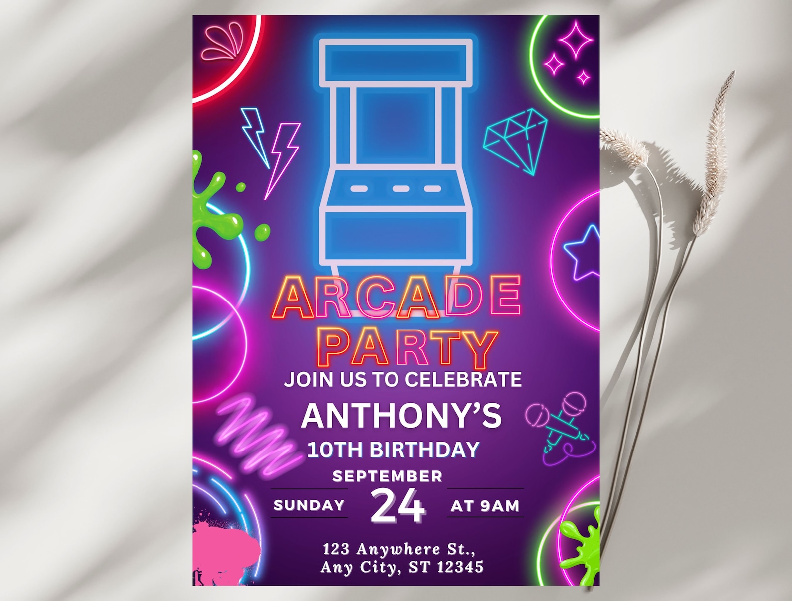 Arcade Birthday Invitation Template, Arcade Invitation, Neon Glow ...