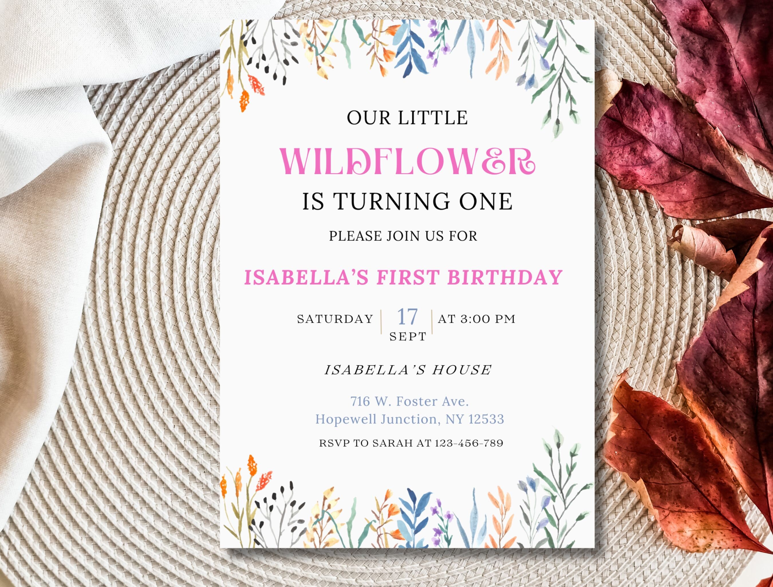 Wildflower First Birthday Invitation, Floral Template (digital Download ...