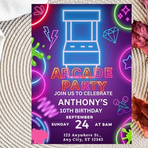 Arcade Birthday Invitation Template, Arcade Invitation, Neon Glow ...