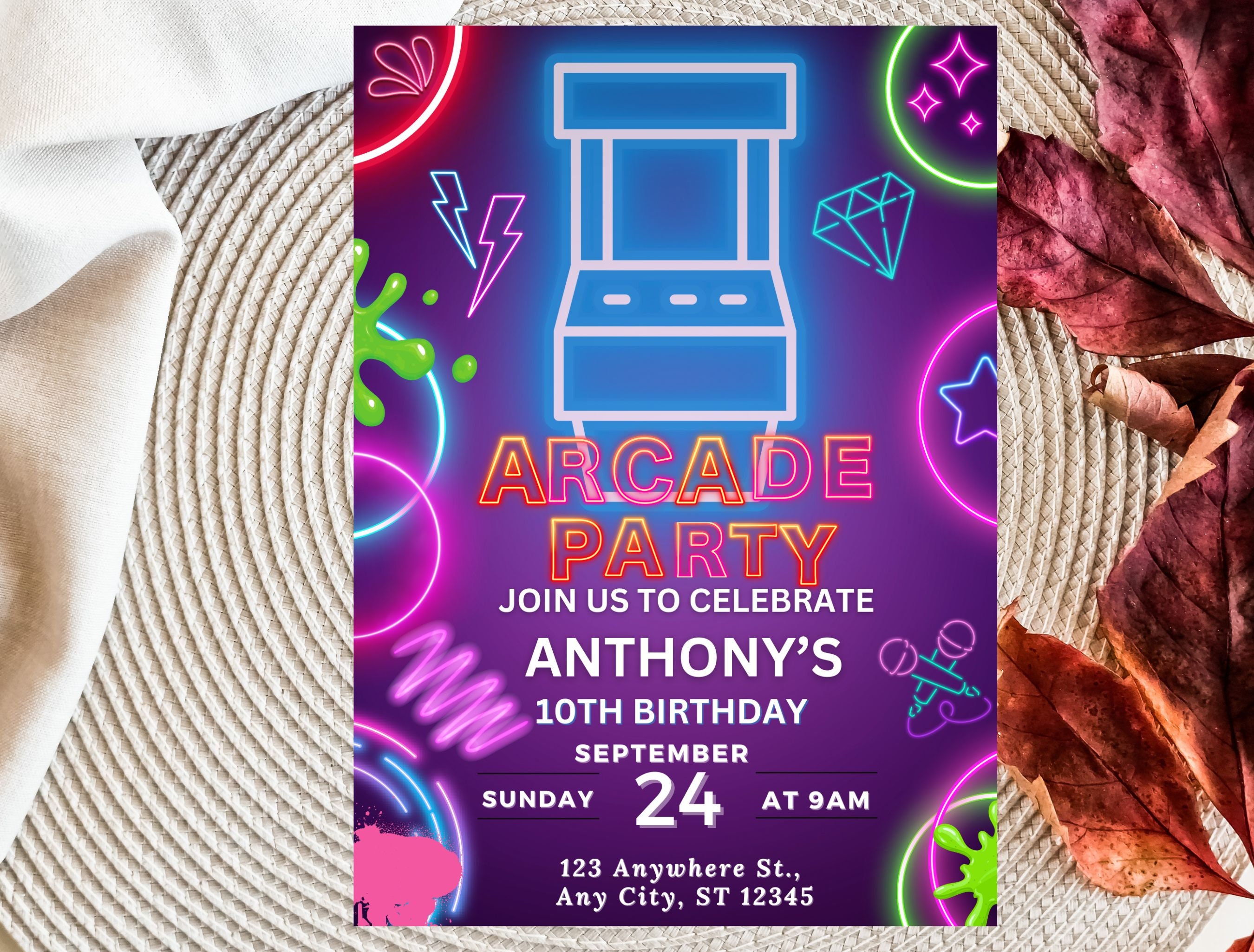 Arcade Birthday Invitation Template, Arcade Invitation, Neon Glow ...