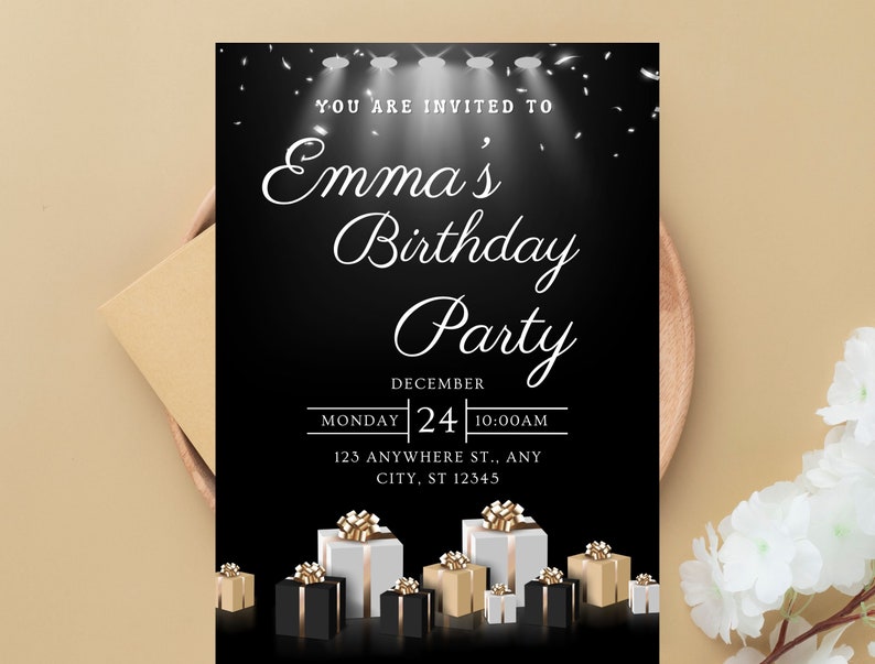 All Black Birthday Invitation, Formal Attire, Editable Template (5x7 ...