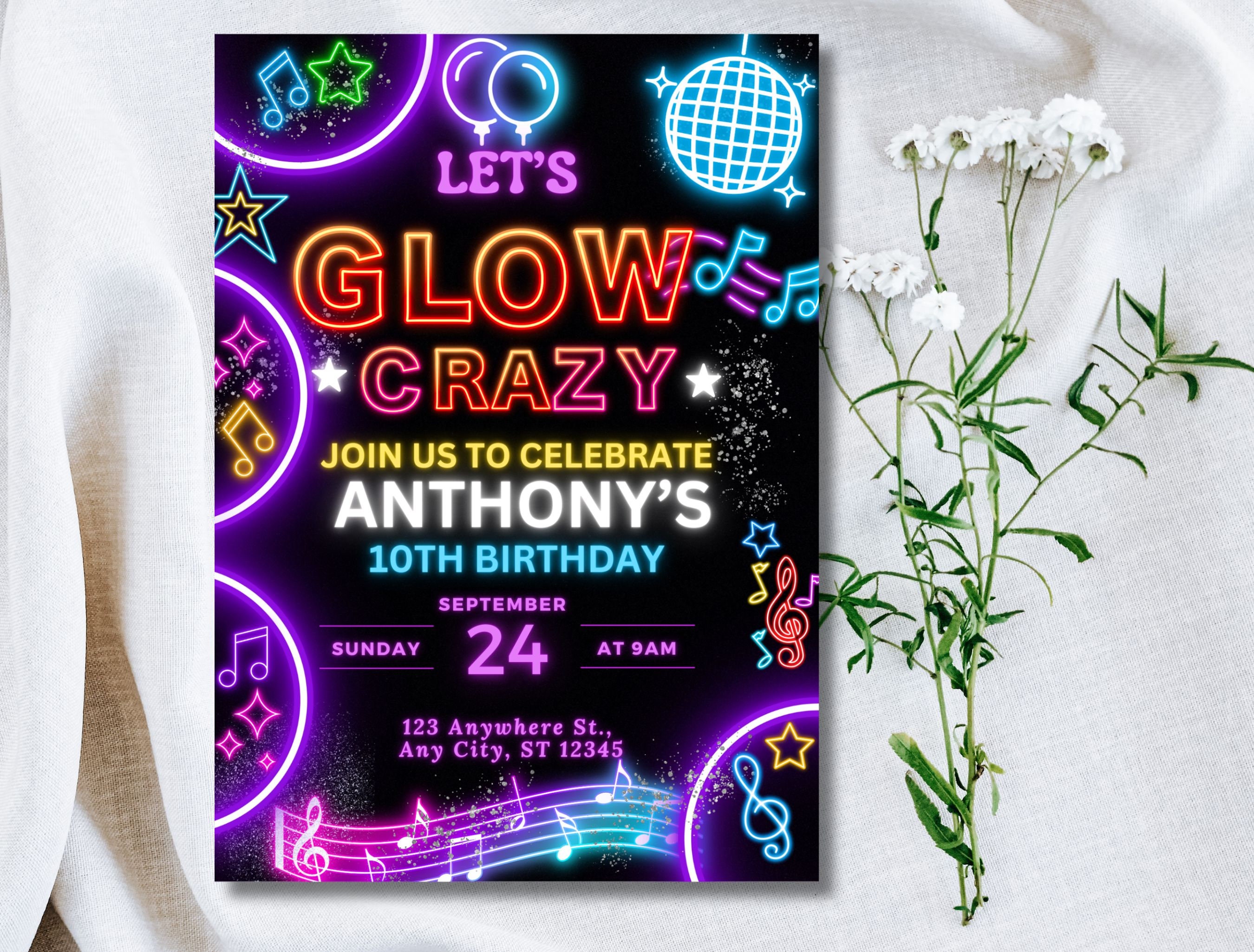Editable Glow Birthday Invitation Template, Neon Party Invites (5x7 ...