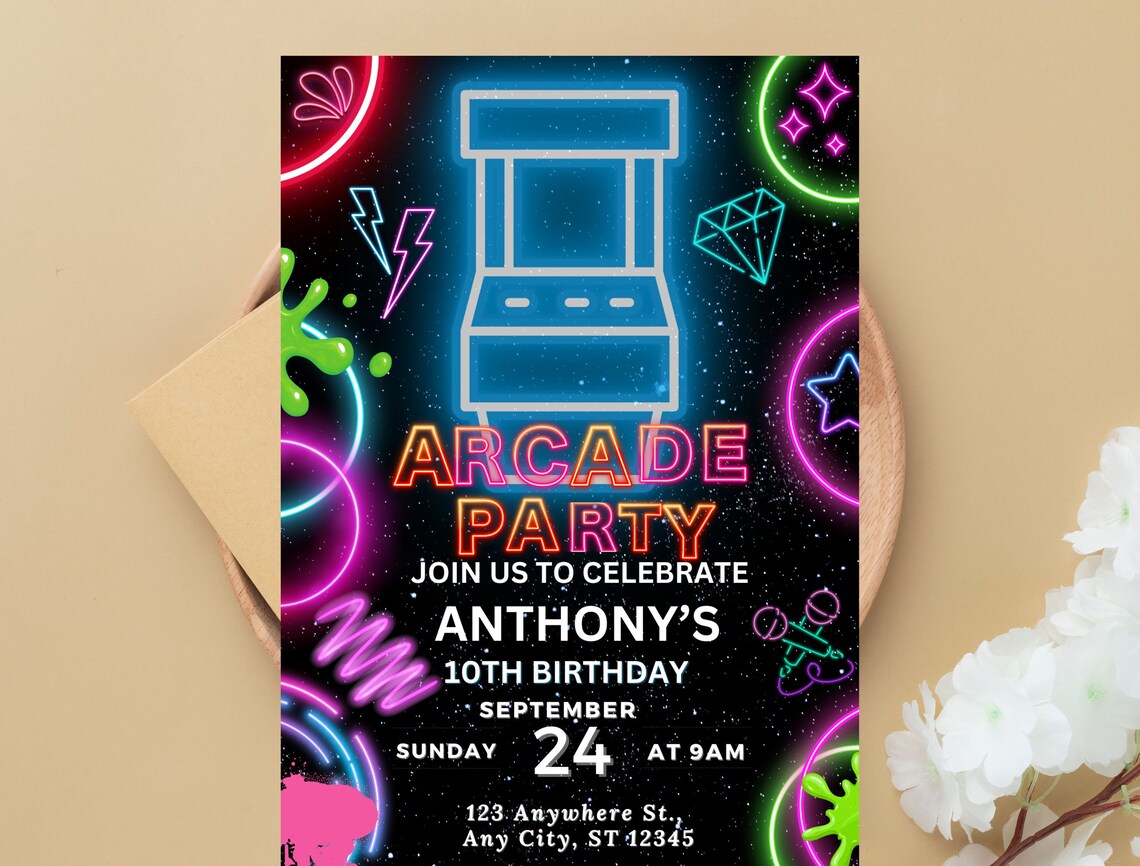 Arcade Birthday Invitation Template, Arcade Invitation, Neon Glow ...