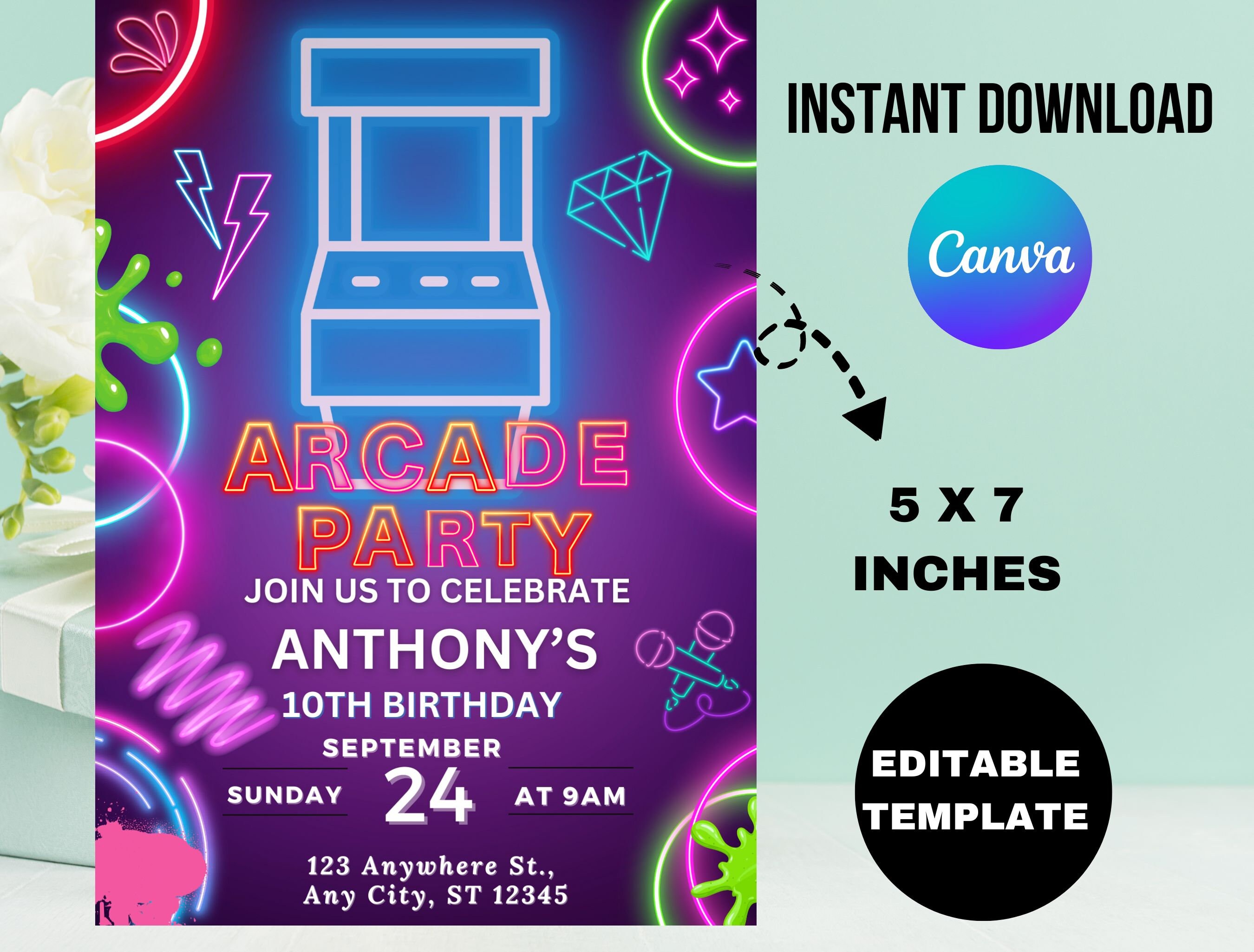 Arcade Birthday Invitation Template, Arcade Invitation, Neon Glow ...