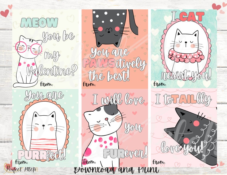 Printable Cat Valentine's Day Cards, Kids Valentine Cards for Class ...
