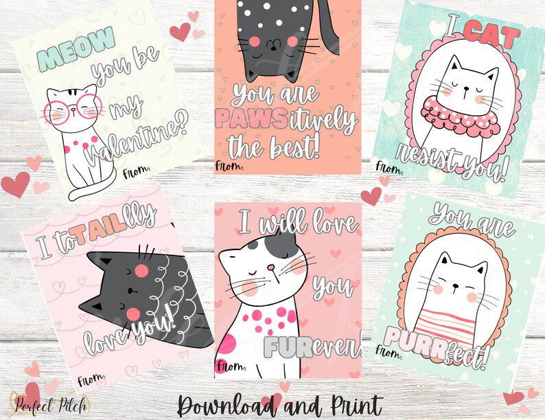 Printable Cat Valentine's Day Cards, Kids Valentine Cards for Class ...