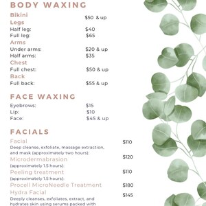 Price List of Services/ BEAUTY SALON Menu/pricing Poster/waxing, Facial ...