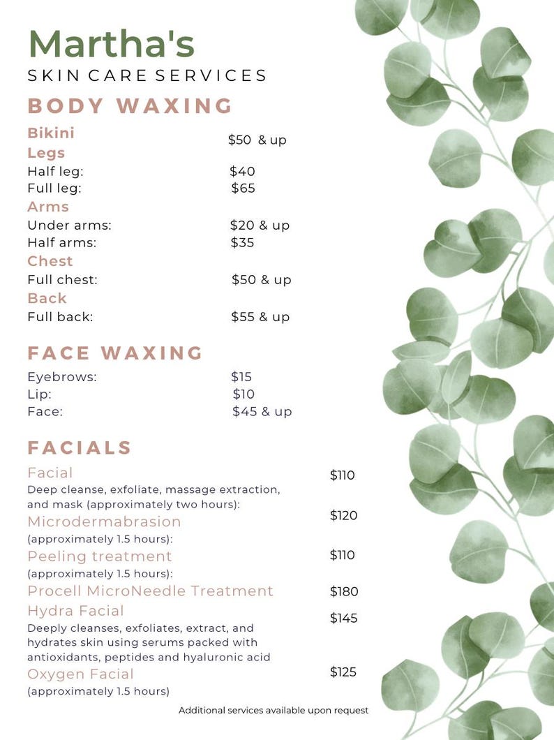 Price List of Services/ BEAUTY SALON Menu/pricing Poster/waxing, Facial ...