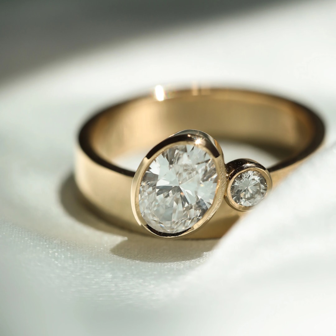 Toi Et Moi Ring Oval Bezel Set Engagement Ring 14K Solid Gold Promise ...