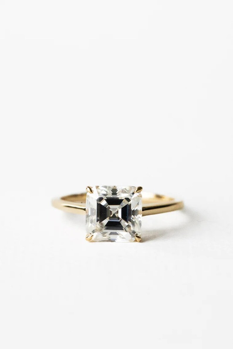 14k Solid Yellow Gold, Minimalist 2 CT Asscher Cut Solitaire Ring ...