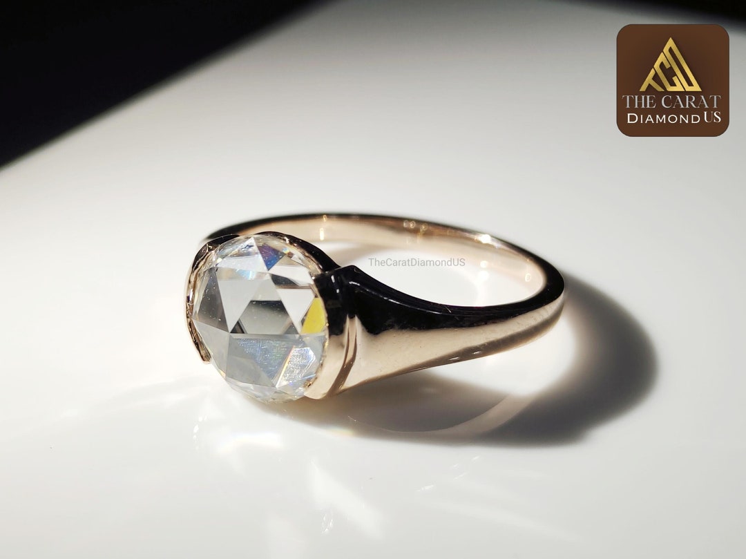 14K Gold Half Bezel Set Round Rose Cut Moissanite Engagement Ring ...