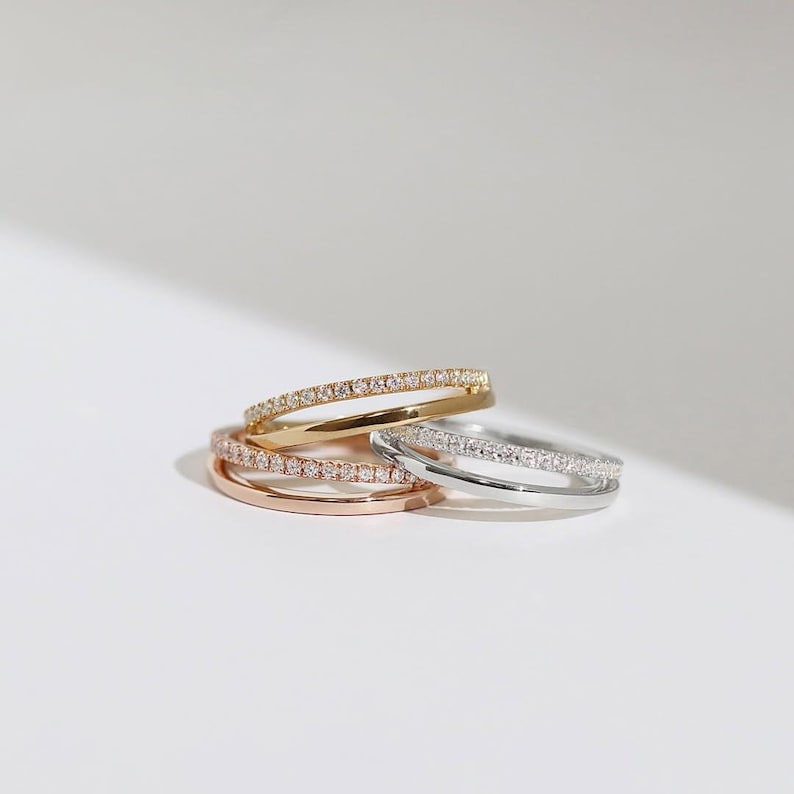 14K Gold Split Shank Eternity Ring, Two Row Pave Moissanite Wedding ...