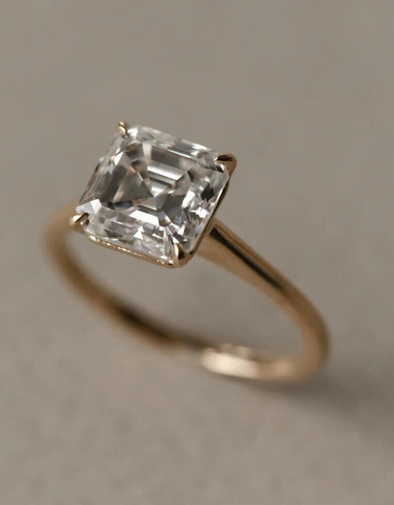14k Solid Yellow Gold, Minimalist 2 CT Asscher Cut Solitaire Ring ...