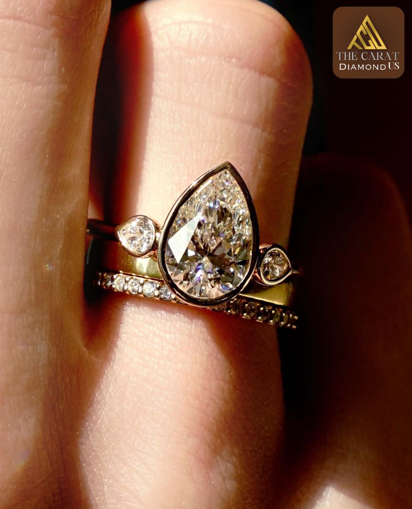 Bezel Set Pear Cut Moissanite Ring, 14K Gold Tear Drop Wedding Ring ...