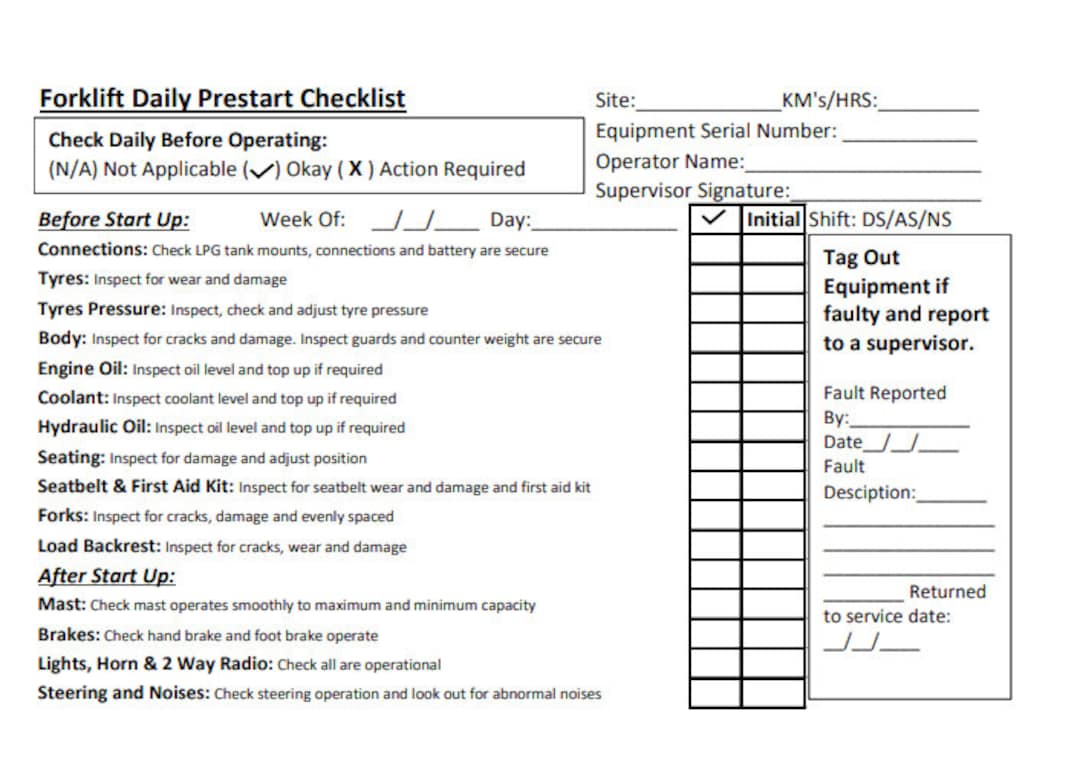 Printable & Editable Forklift Operator Daily Checklist - Etsy Australia