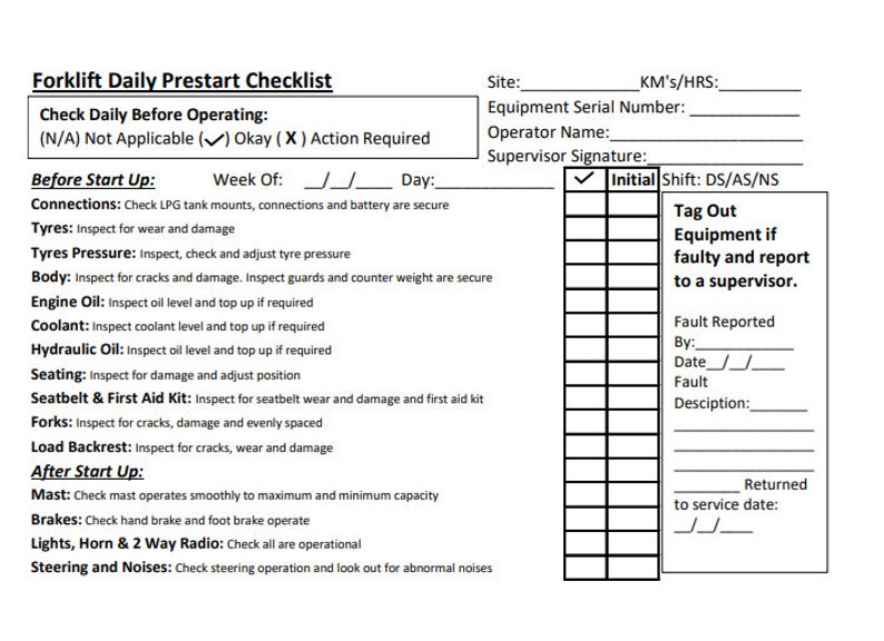 Printable & Editable Forklift Operator Daily Checklist - Etsy