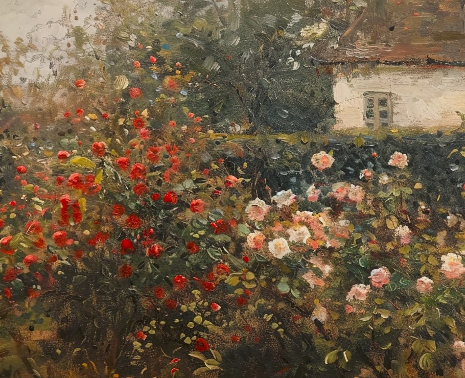 Rose Garden Wall Art, Vintage Country Flower Garden Print, Cottage Oil ...