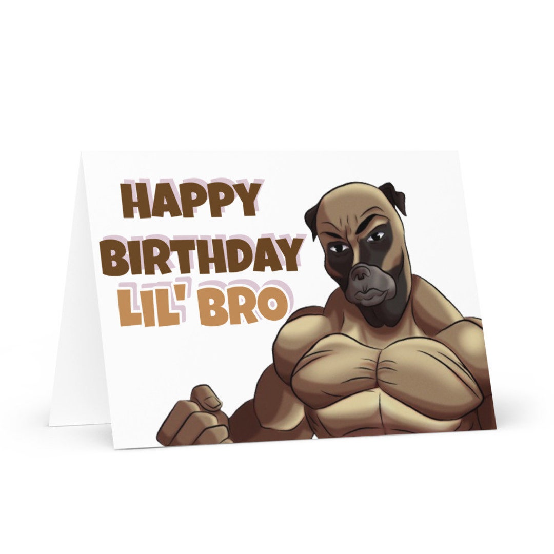 Happy Birthday Card for Lil Bro Muscular Buff Pug Gym Weightlift ...