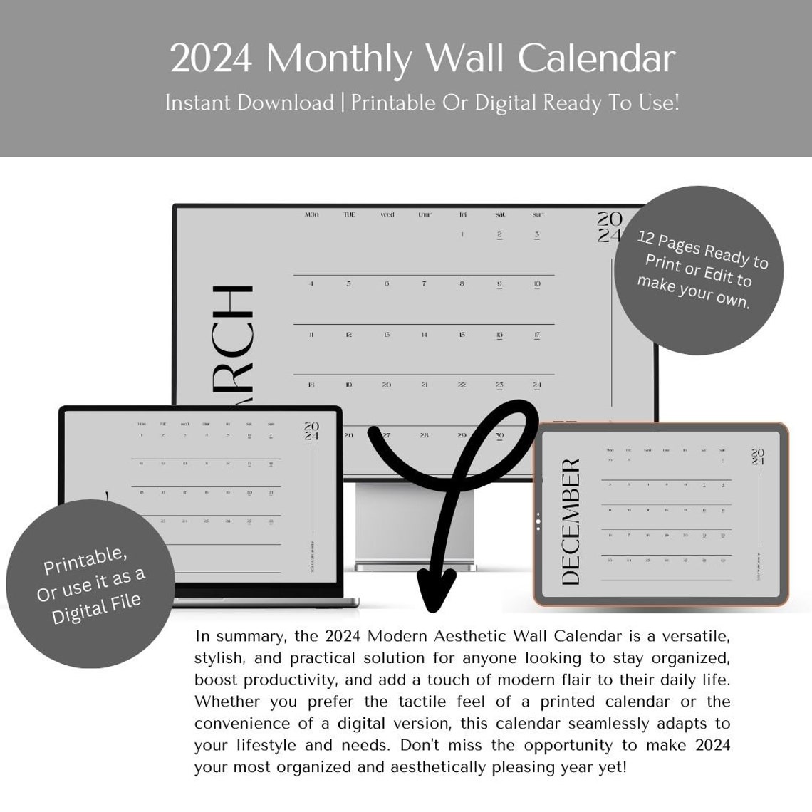2024 Wall Calendar Large Wall Calendar Yearly Calendar Desk Calendar ...