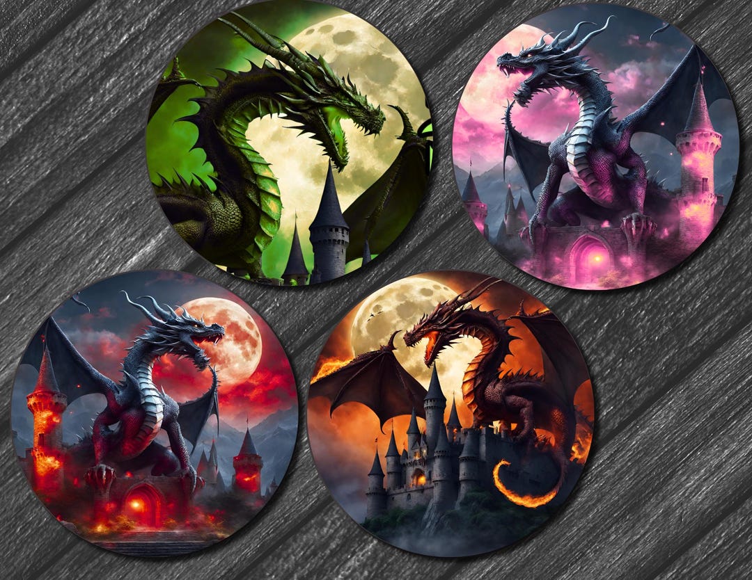 NEW CERAMIC Fire, Smoke and Full Moon Dragon Theme Set of 4 Coasters ...