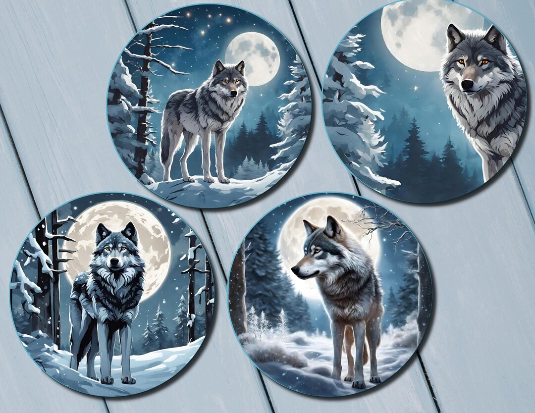 NEW CERAMIC Breathtaking Winter Wolf Theme Set of 4 Coasters Custom ...