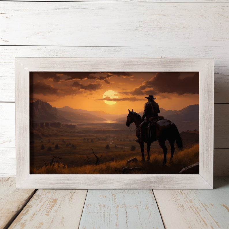 Printable Western Christian Lone Cowboy Landscape Oil Painting, Vintage ...