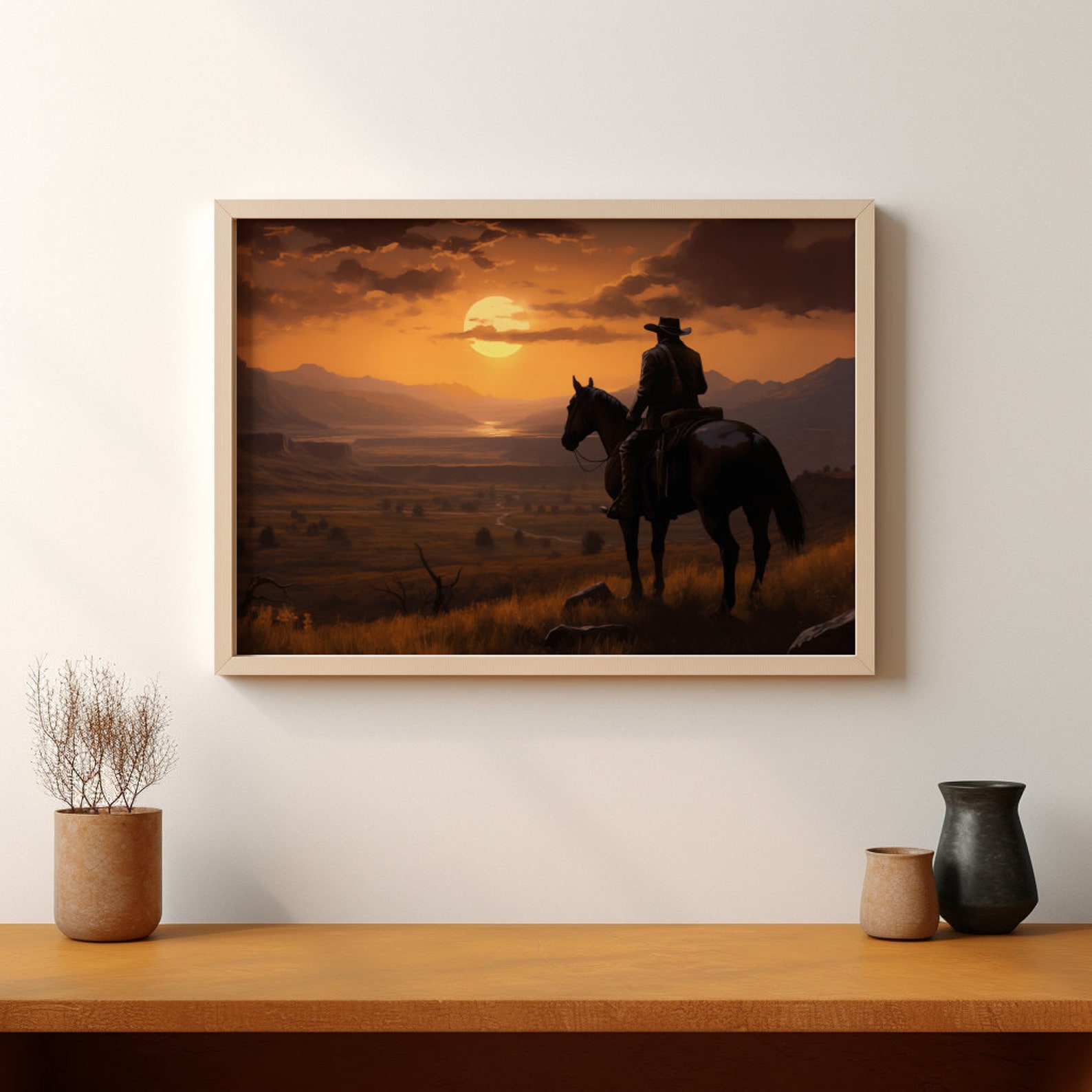 Printable Western Christian Lone Cowboy Landscape Oil Painting, Vintage ...