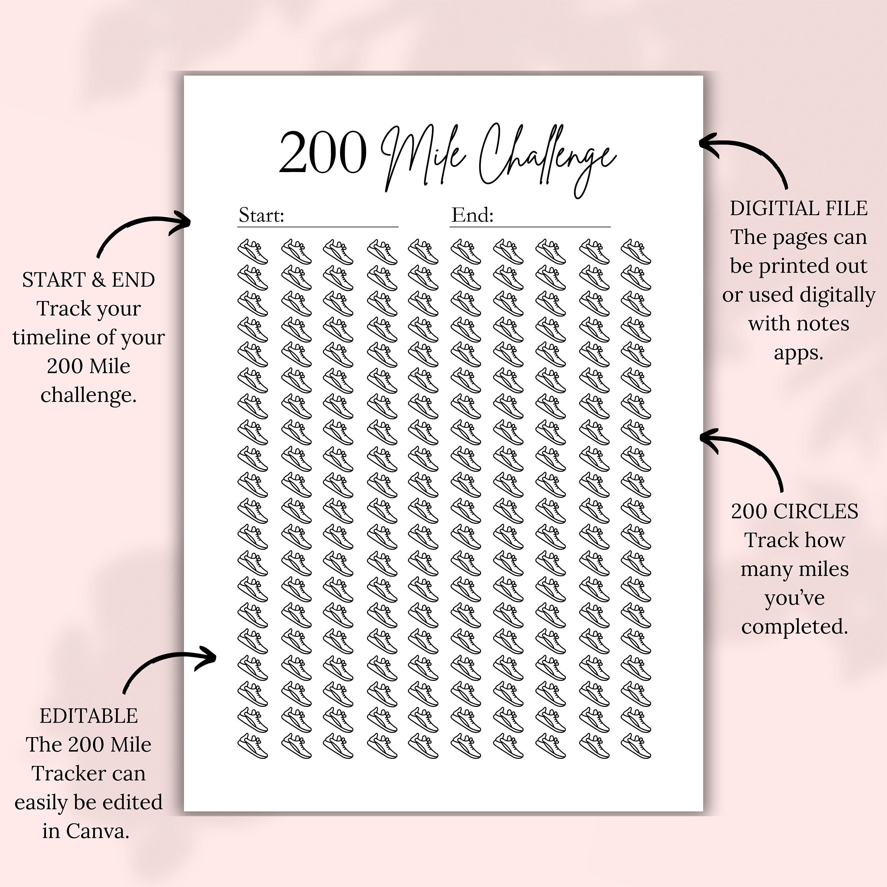 200 Mile Challenge Printable, Running Log and Tracker, Printable Steps ...