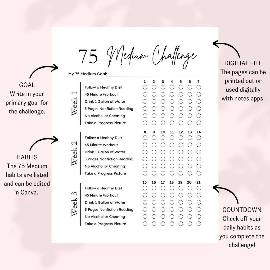 75 Medium Challenge Tracker EDITABLE, 75 Medium Challenge Printable, 75 ...
