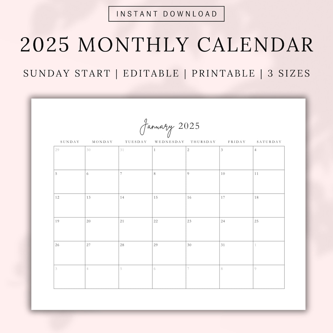 2025 Printable Calendar, 2025 Monthly Calendar, Month at a Glance ...