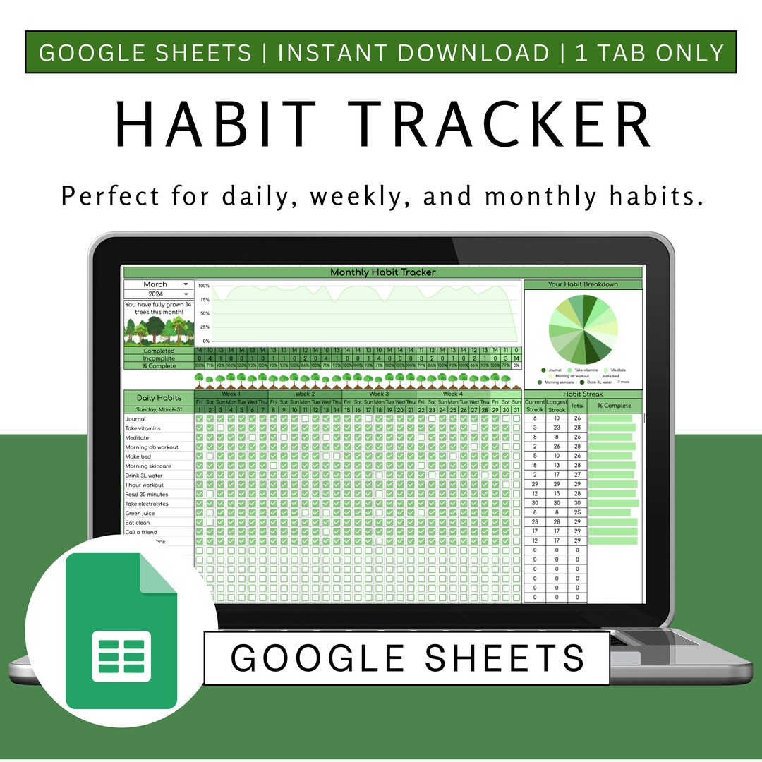 Growing Tree Habit Tracker Google Sheets Spreadsheet, Monthly Habit ...