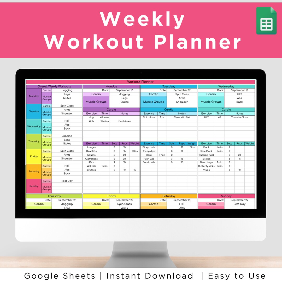 Workout Planner Google Sheets, Weekly Workout Planner, Exercise Tracker ...