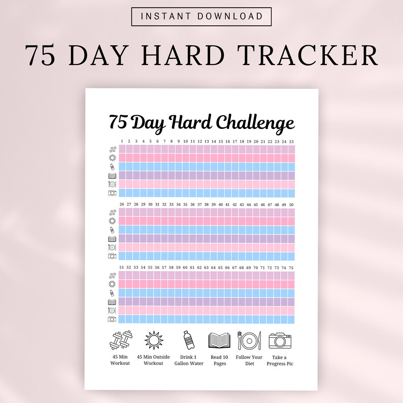 75 Day Hard Challenge Tracker Printable, 75 Hard Tracker, 75 Day ...