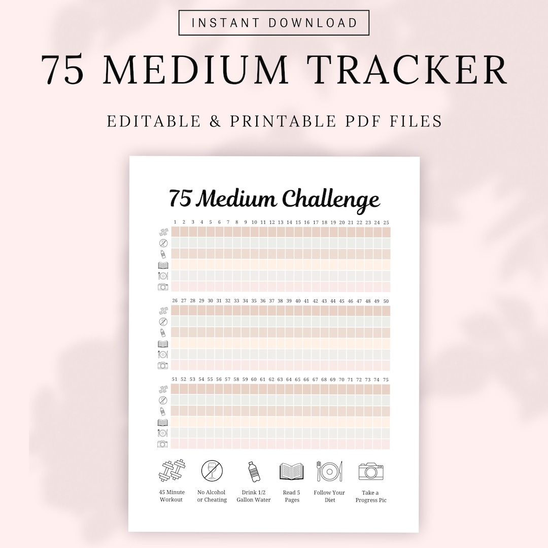 75 Medium Challenge Tracker Printable, 75 Medium Challenge EDITABLE, 75 ...
