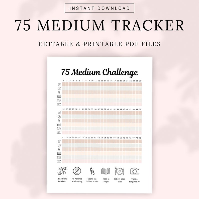 75 Medium Challenge Tracker Printable, 75 Medium Challenge EDITABLE, 75 ...