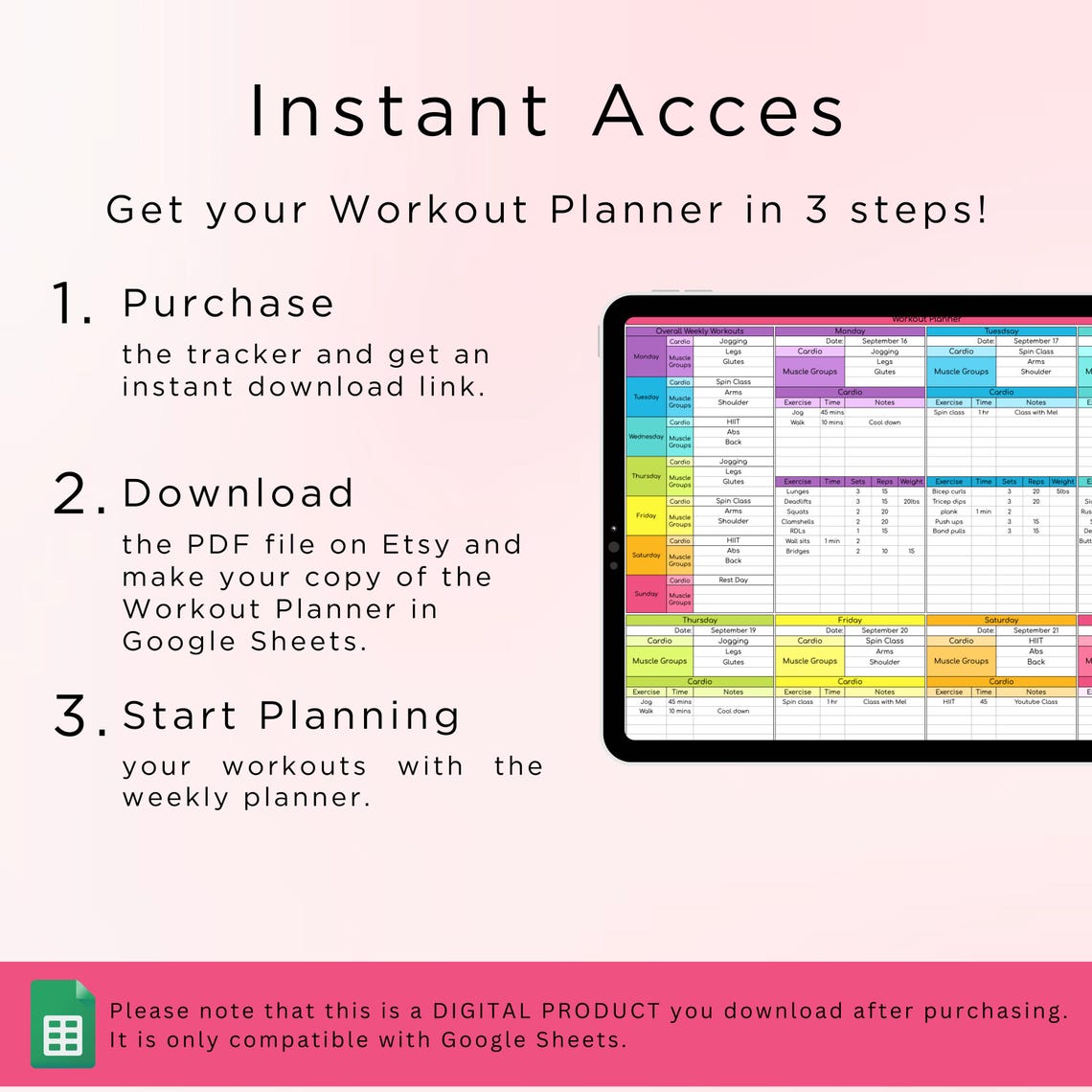 Workout Planner Google Sheets, Weekly Workout Planner, Exercise Tracker ...