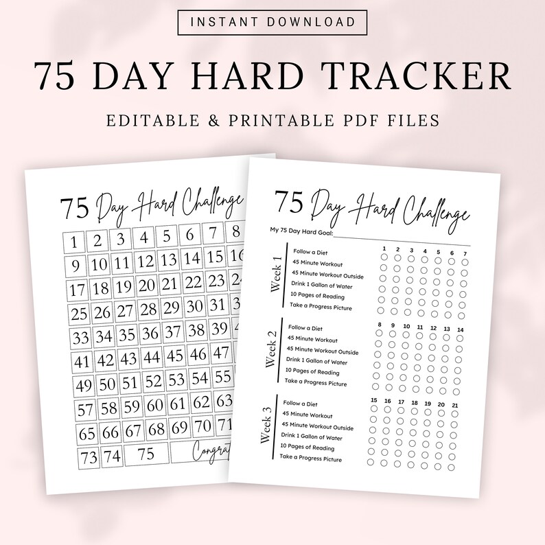 EDITABLE 75 Day Hard Challenge Tracker Printable, 75 Hard Tracker, 75 ...
