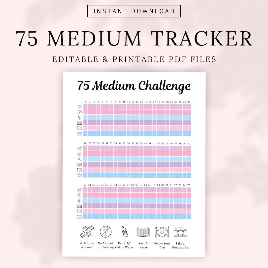 75 Medium Challenge Tracker Printable, 75 Medium Challenge EDITABLE, 75 ...