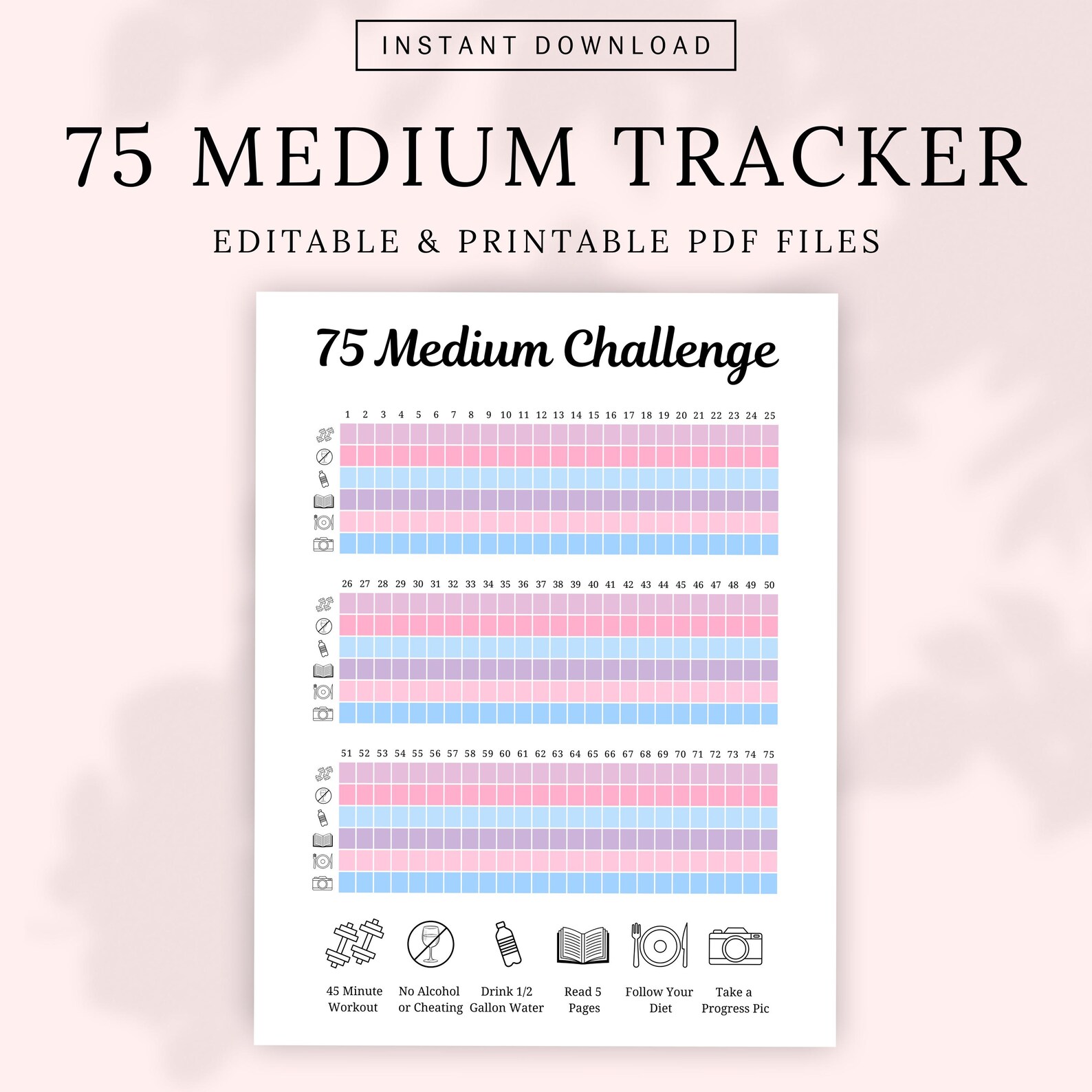 75 Medium Challenge Tracker Printable, 75 Medium Challenge EDITABLE, 75 ...