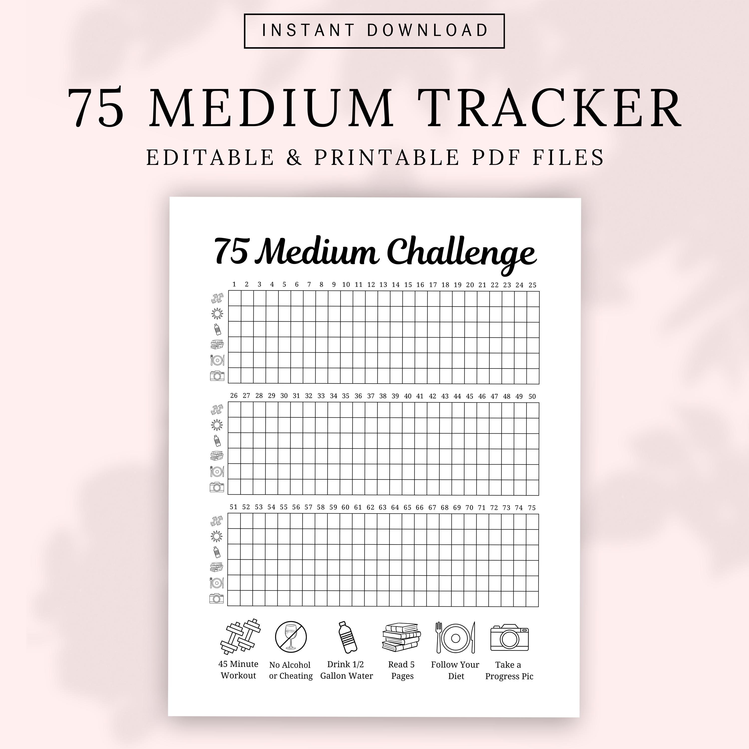 75 Medium Tracker Printable, 75 Medium Challenge Editable, 75 Day ...