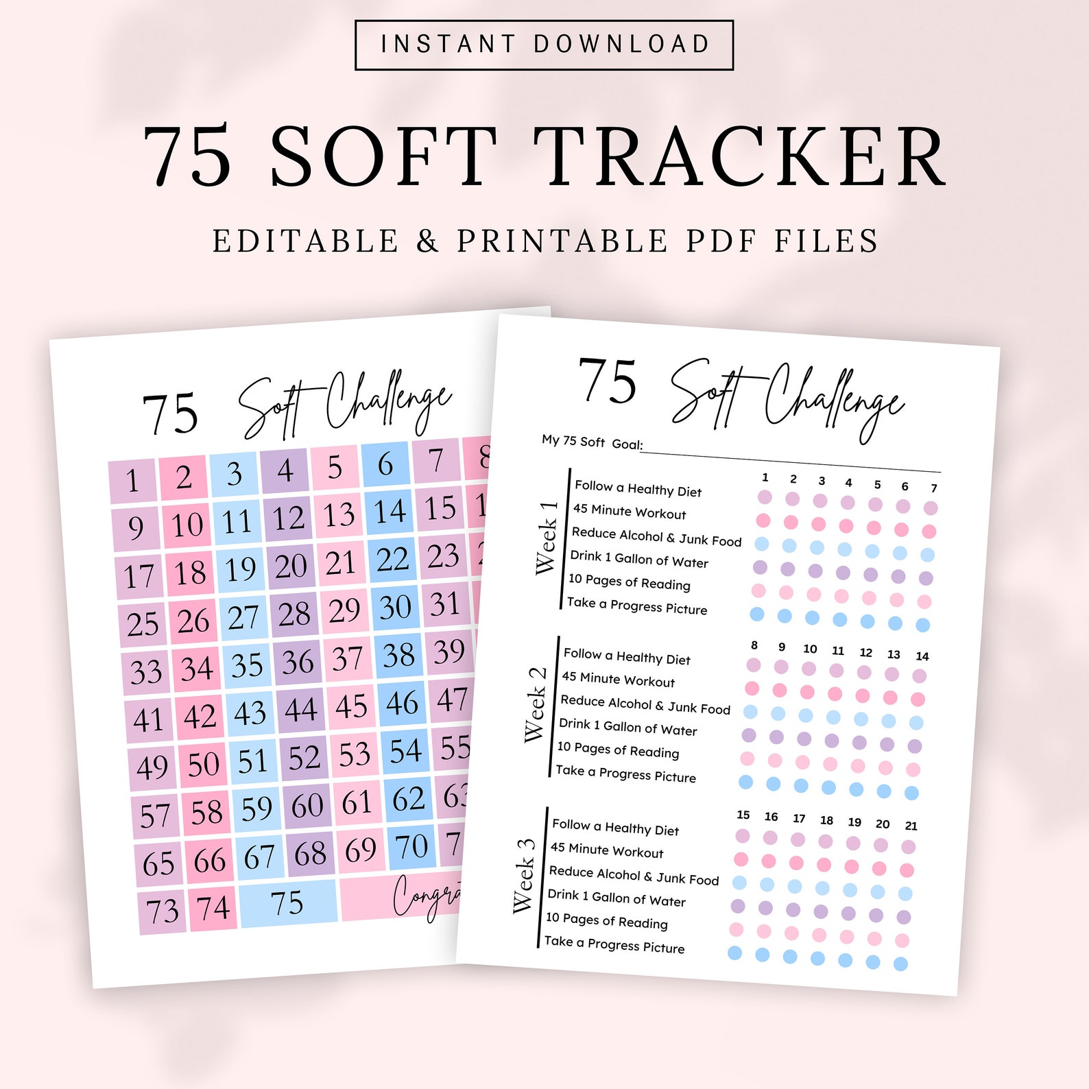 75 Soft Challenge Tracker Printable, 75 Soft Challenge Editable, 75 ...