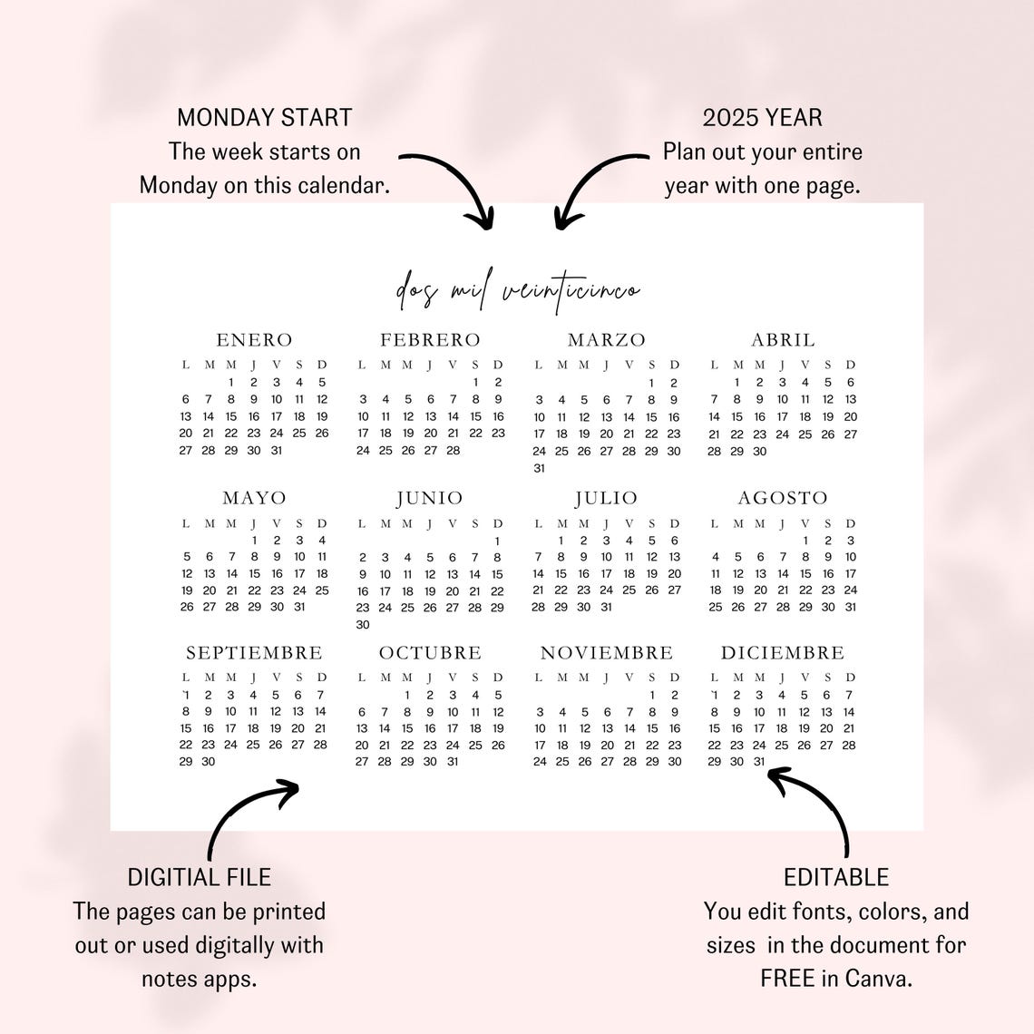 2025 Spanish Calendar Printable, Calendario Español 2025, Calendario ...