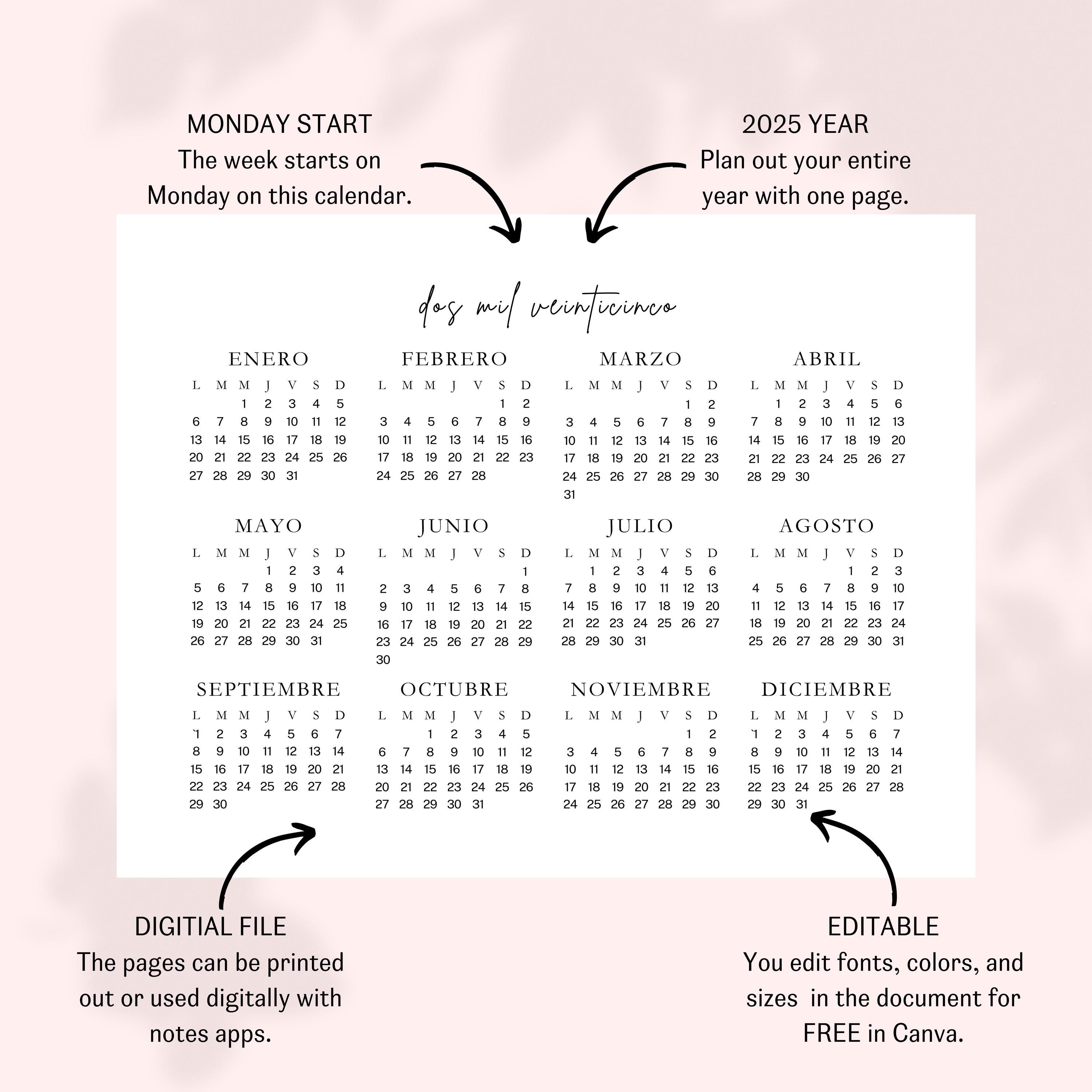 2025 Spanish Calendar Printable, Calendario Español 2025, Calendario ...