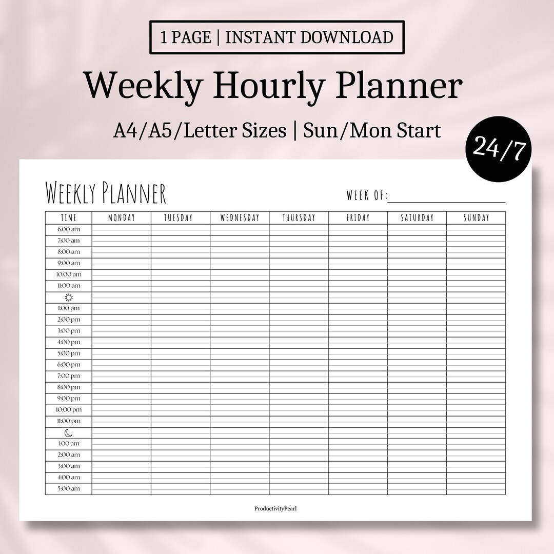 Printable Daily Hourly Weekly Planner, Weekly Planner Printable, Weekly ...