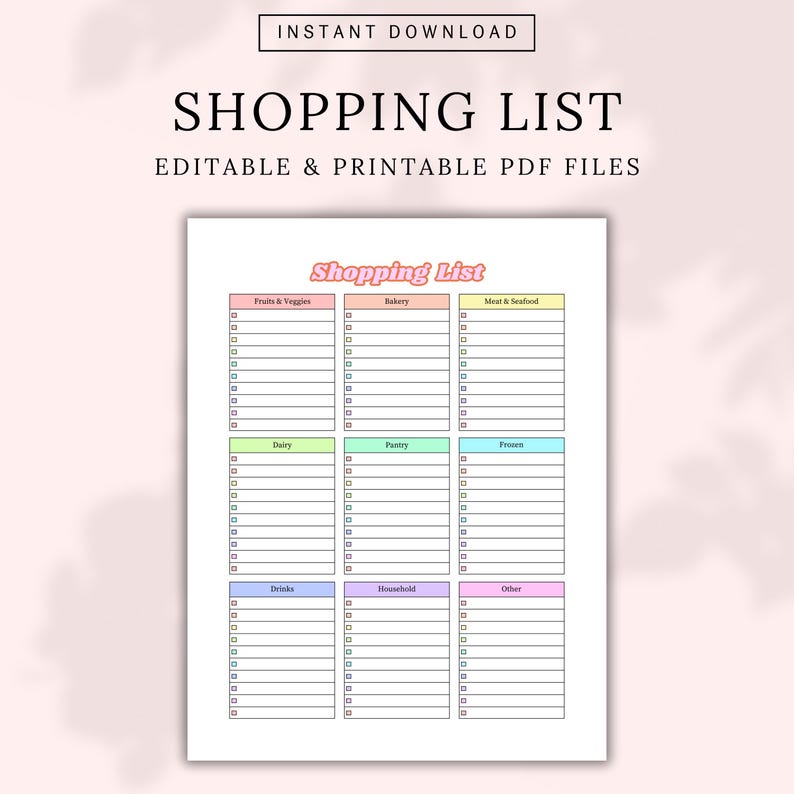 Weekly Shopping List PDF. Printable Grocery List. Groceries and Meal ...