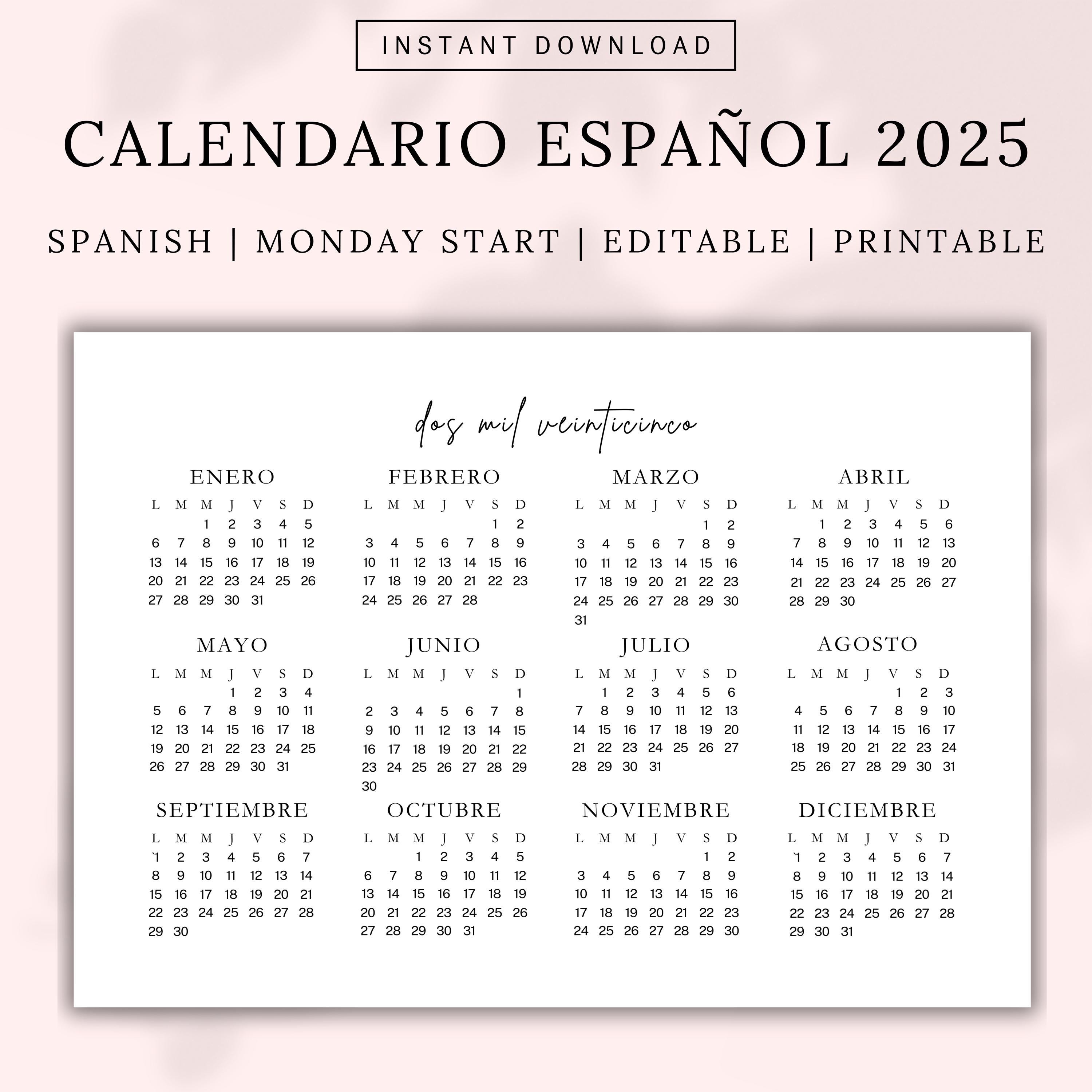 2025 Spanish Calendar Printable, Calendario Español 2025, Calendario ...