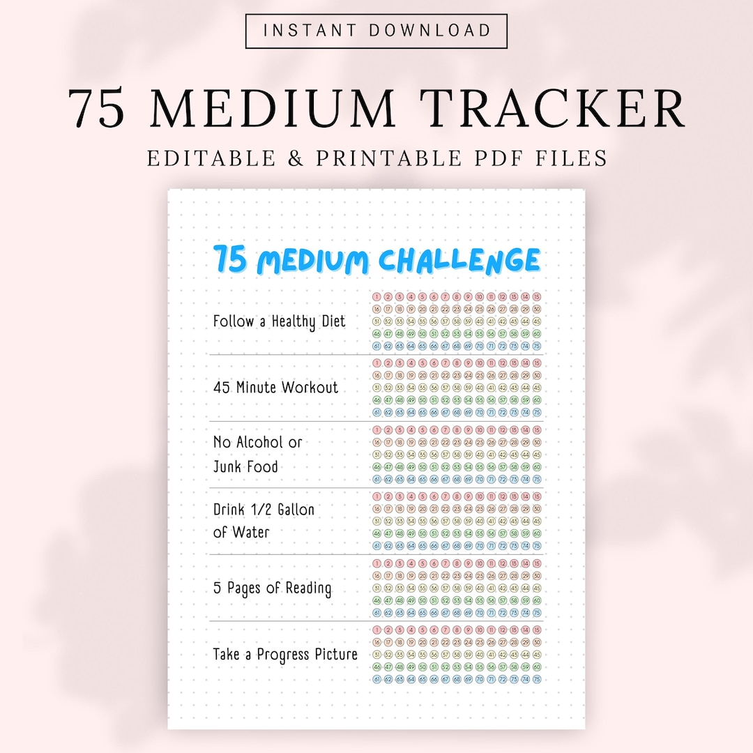 Printable 75 Medium Tracker, 75 Medium Challenge Tracker, Editable 75 ...