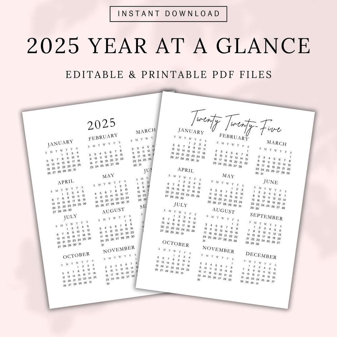 2025 Year at a Glance Calendar, Printable Calendar, Digital Yearly ...